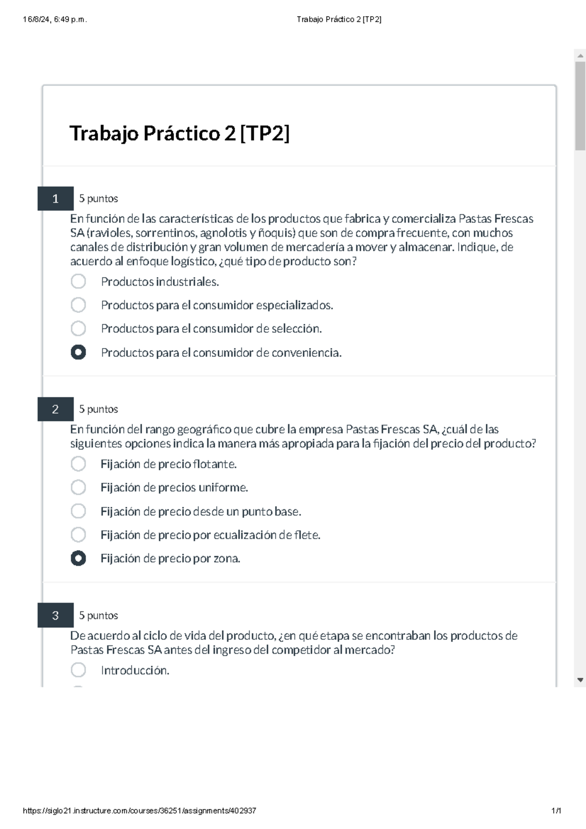 [TP2] Logistica 75% - trabajo practico 75% - 5 puntos En función de las características de los ...