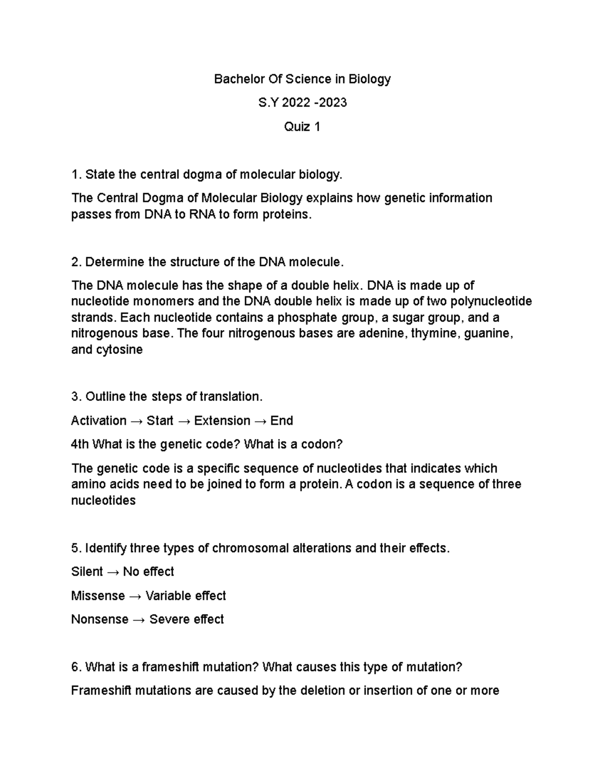 Bachelor Of Science in Biology Quiz1 - Bachelor Of Science in Biology S ...