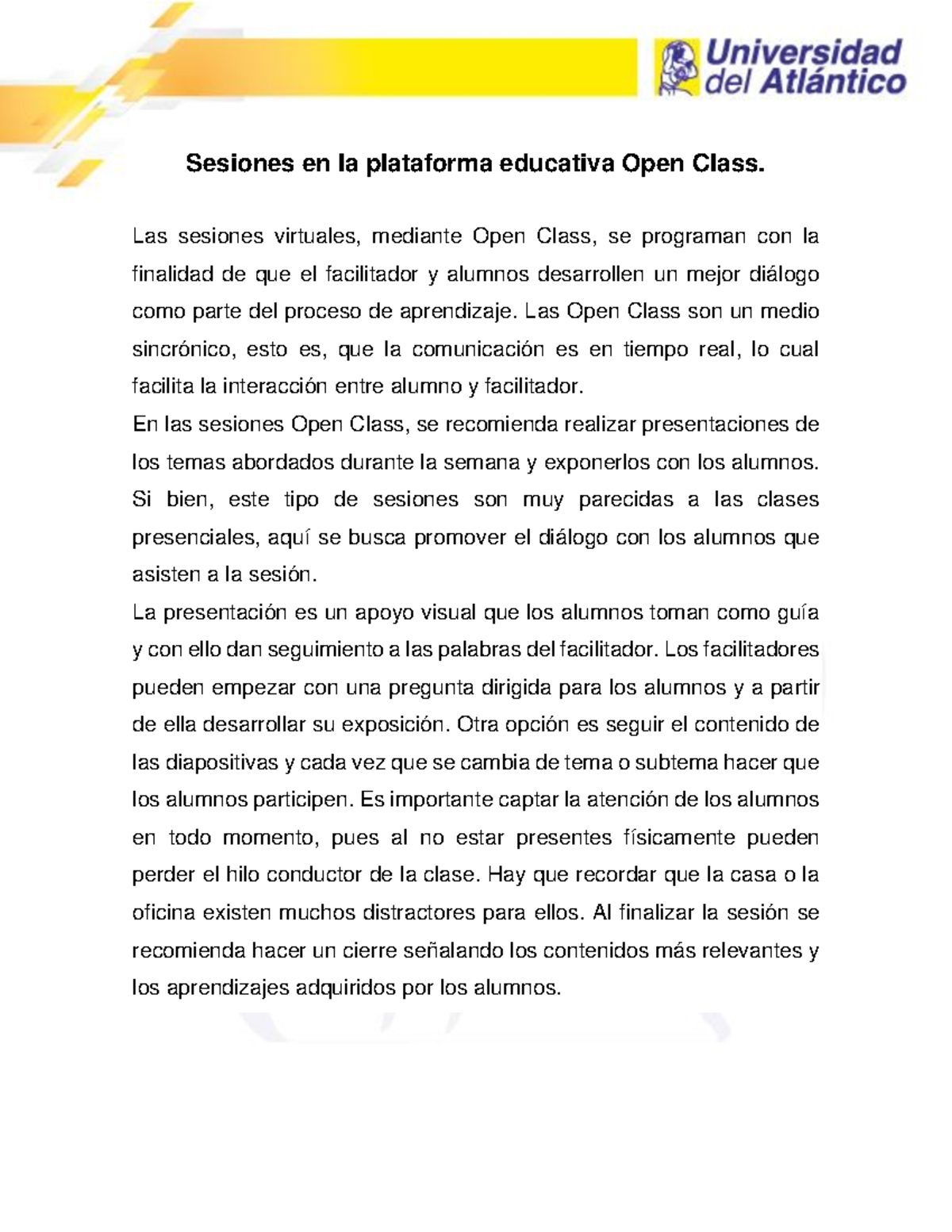Sesiones open class - Trabajo - Sesiones en la plataforma educativa ...