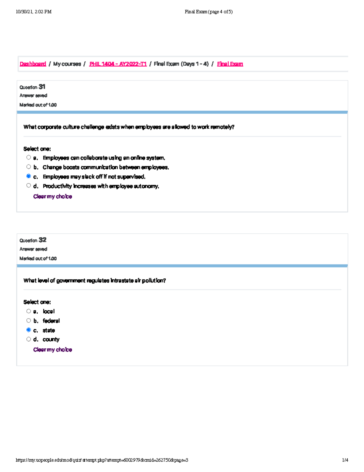 PHIL 1404 PHIL 1404 Ethics and social Responsibility Final Exam (page 4 of 5) - Question 31 ...