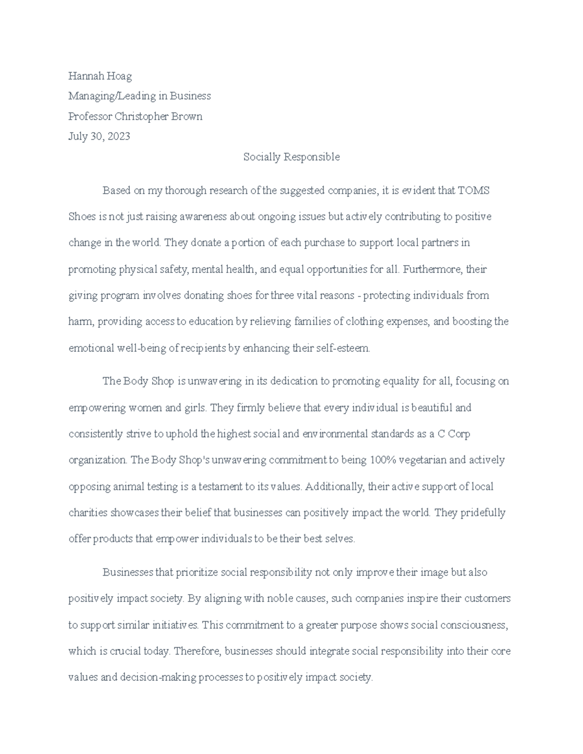 BUS 210 Module Five Socially Responsible - Hannah Hoag Managing/Leading ...