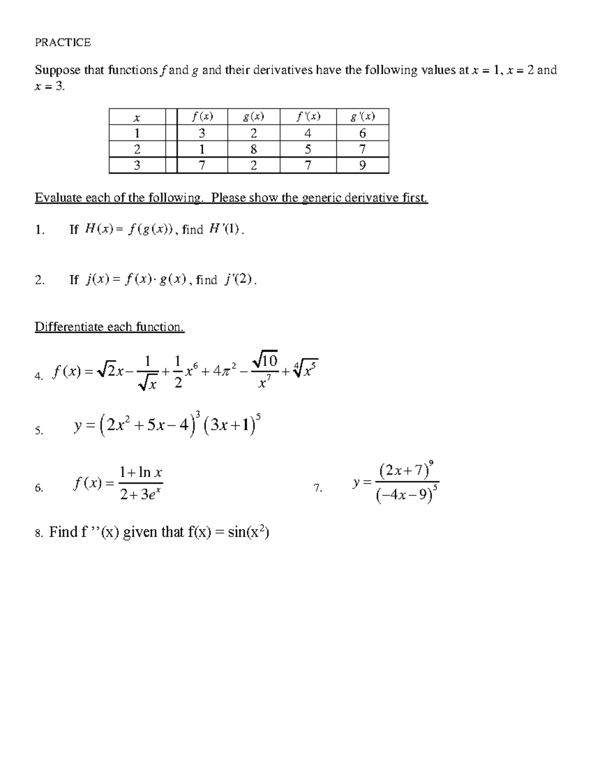 Calculus Quiz Derivative Rules- practice - PRACTICE Suppose that ...