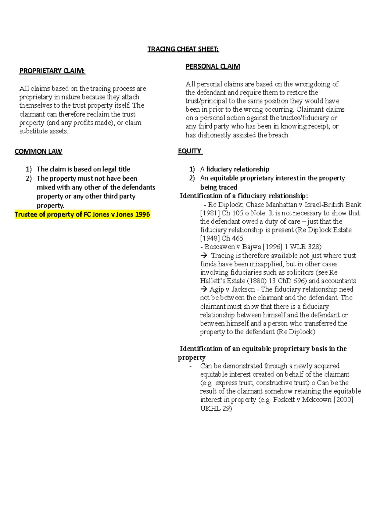 Tracing full answer - TRACING CHEAT SHEET: PERSONAL CLAIM All personal ...