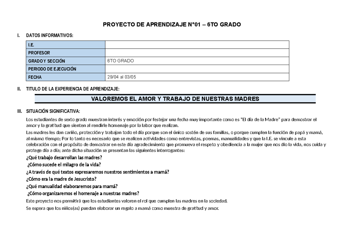 Proyecto DE Aprendizaje N° 1 - 6TO Grado - PROYECTO DE APRENDIZAJE N°01 – 6TO GRADO I. DATOS ...