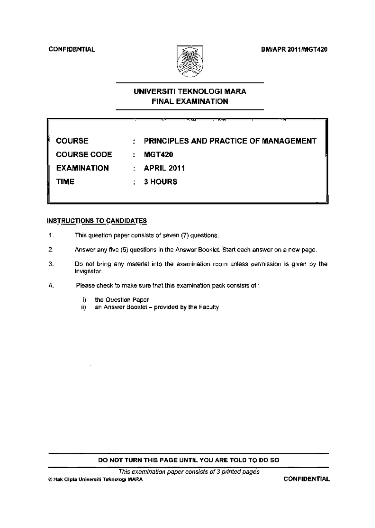 MGT420 2011 - QUESTION PAPER - CONFIDENTIAL BM/APR2011/MGT UNIVERSITI ...
