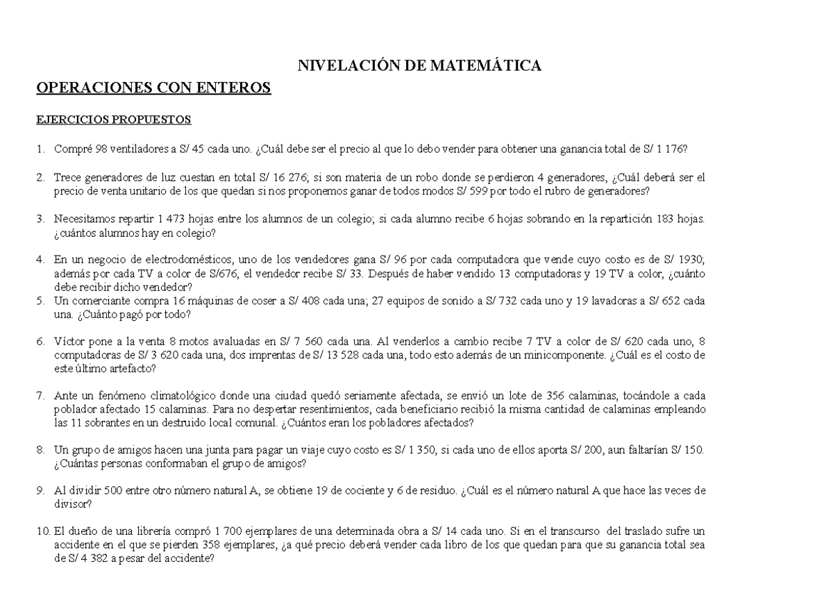 S01.s1 - Resolver Ejercicios - NIVELACIÓN DE MATEMÁTICA OPERACIONES CON ENTEROS EJERCICIOS - Studocu