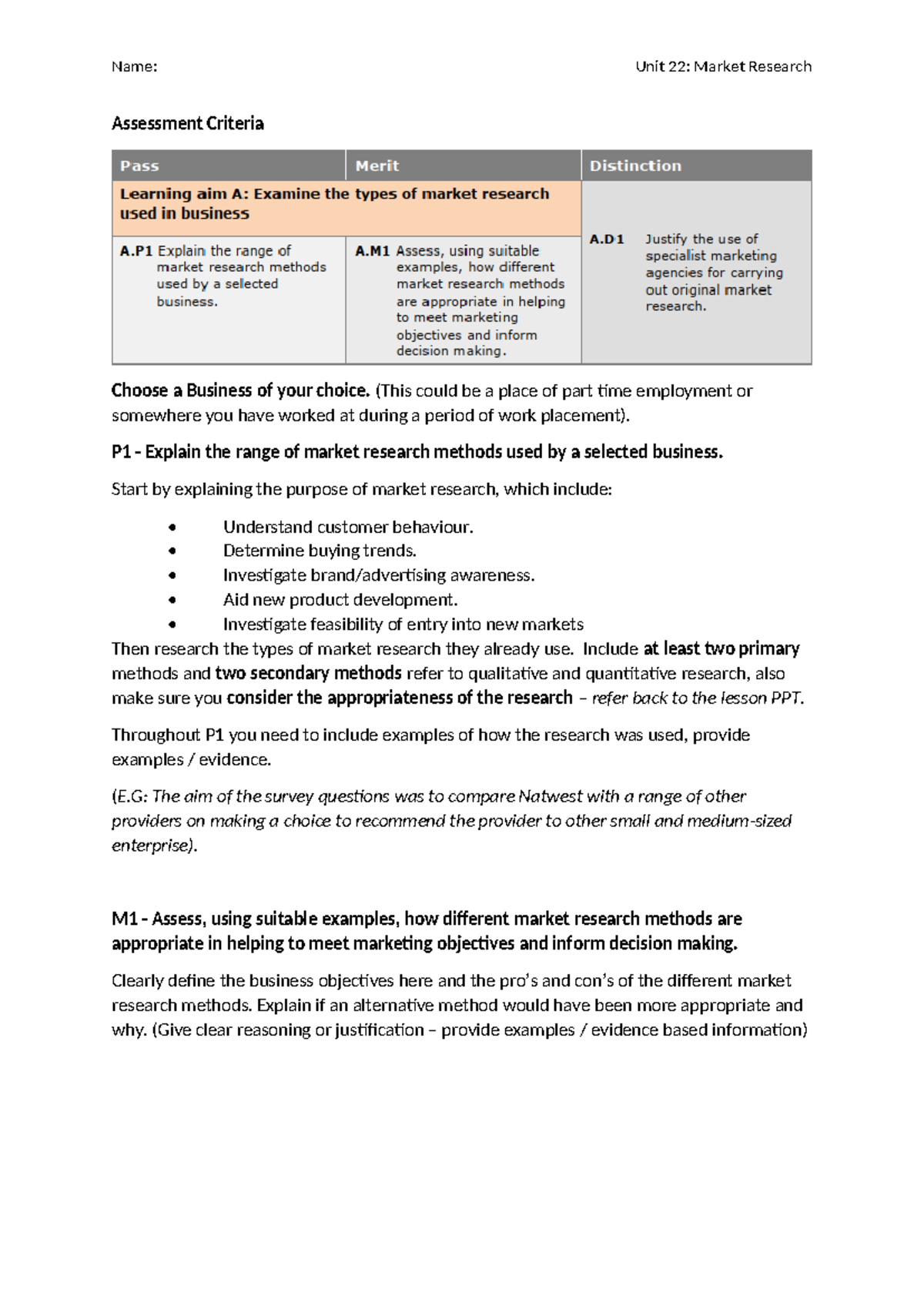Unit 22 - Market research - A1-A3 - Report template - Name: Unit 22 ...