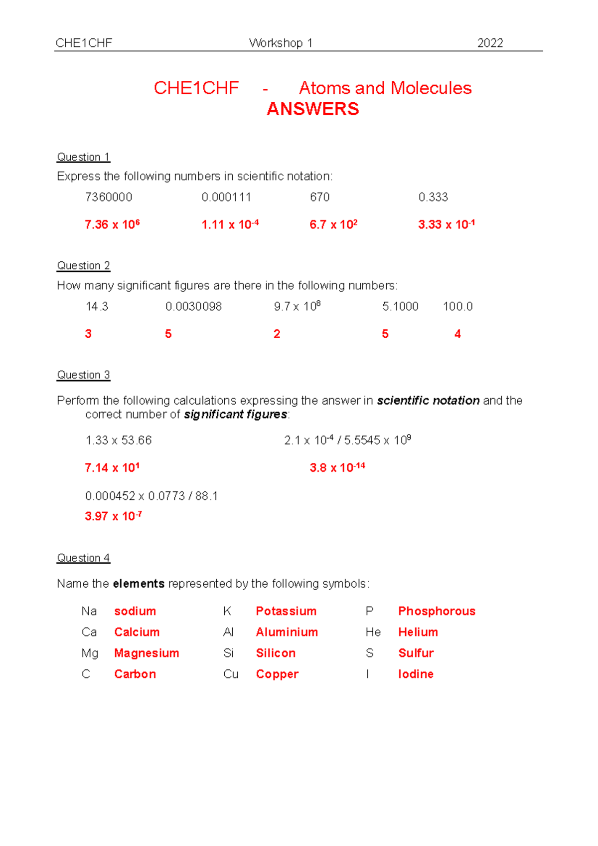 Workshop 1 practice problems ans - CHE1CHF - Atoms and Molecules ...
