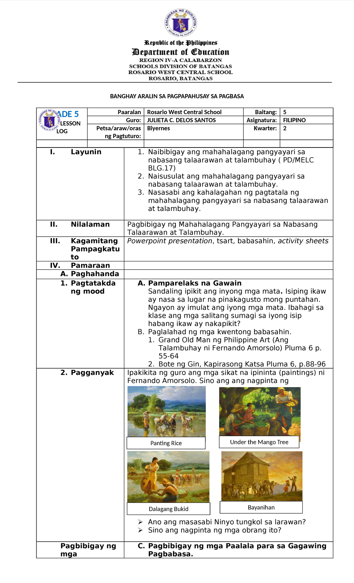 Sample Lesson Plan - BANGHAY ARALIN SA PAGPAPAHUSAY SA PAGBASA GRADE 5 ...