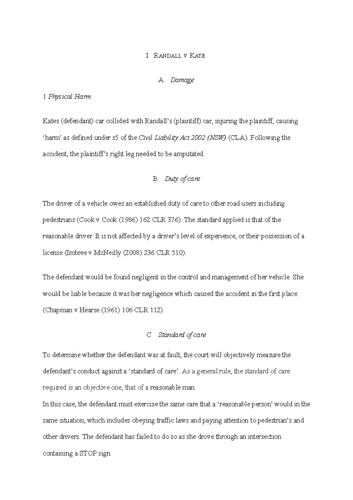 Randall v Kate - Grade: 79 - I RANDALL V KATE A Damage 1 Physical Harm ...