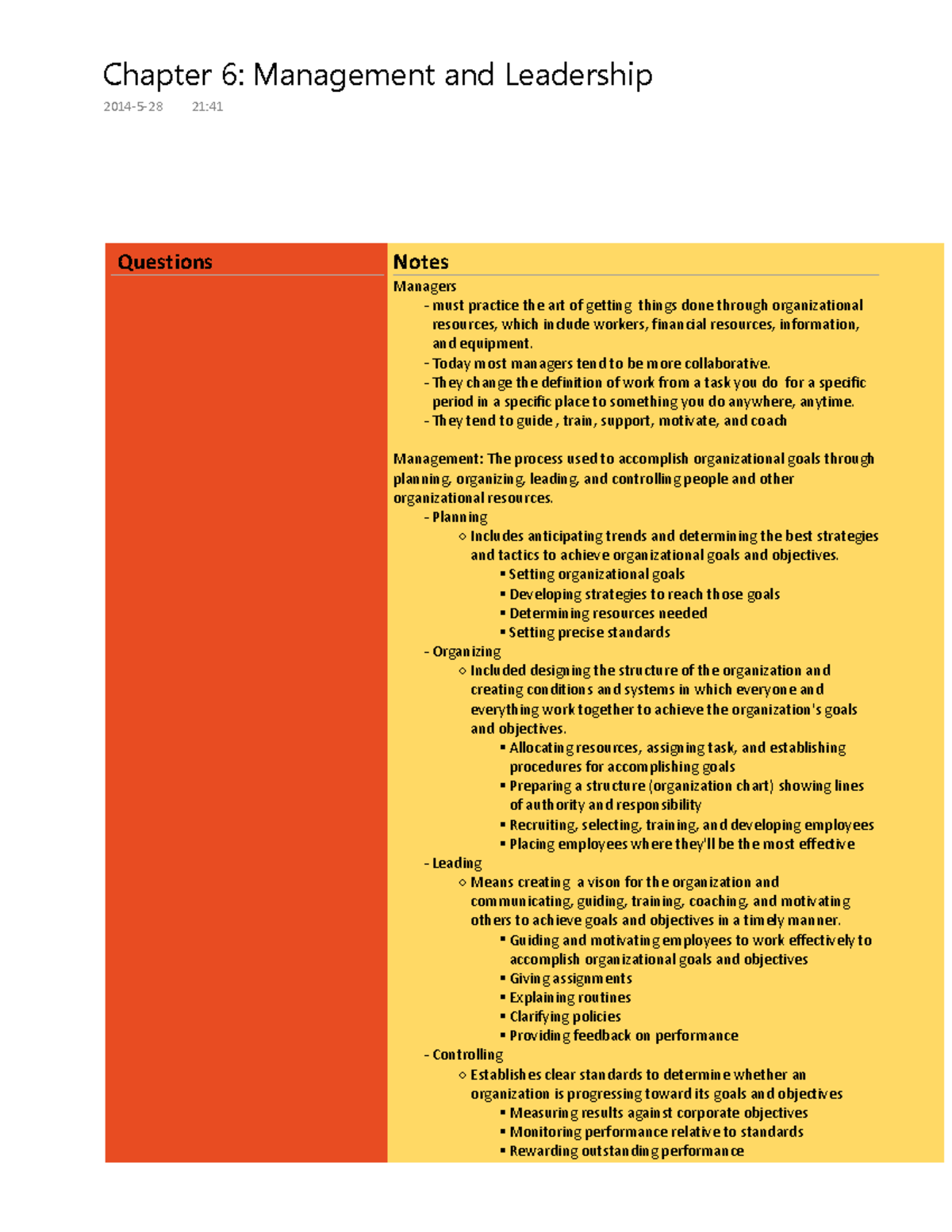 Chapter 6 Management and Leadership - YƵĞƐƚŝŽŶƐ EŽƚĞƐ DĂŶĂŐĞƌƐ - Studocu