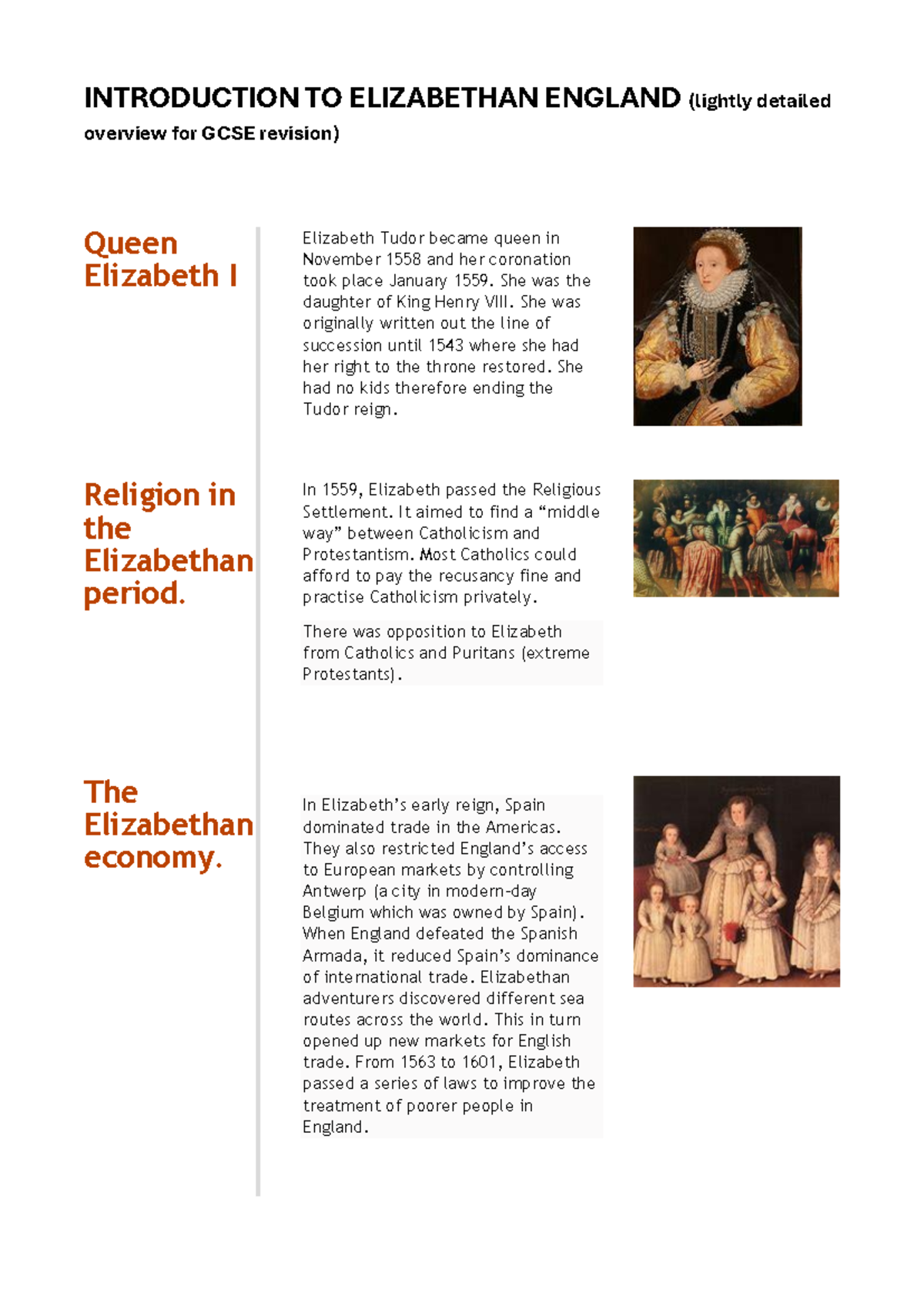 Elizabethan England Basic overview for GCSE uptaded - INTRODUCTION TO ...