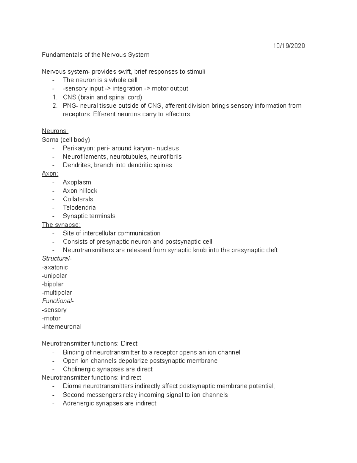 Fundamentals of the Nervous System-2 - 10/19/ Fundamentals of the ...