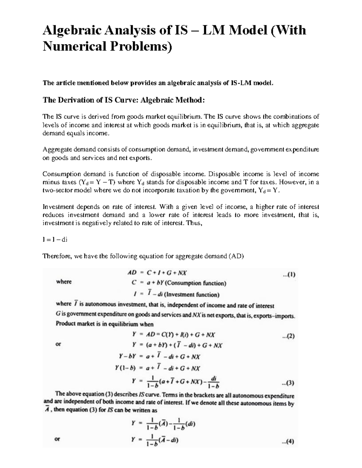 99999919 - English assignment - Algebraic Analysis of IS – LM Model ...
