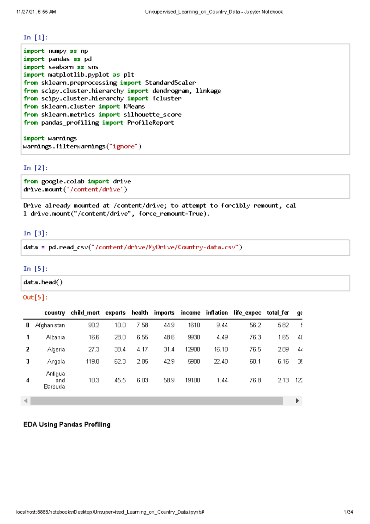 Unsupervised Learning on Country Data - Jupyter Notebook - In [1]: In ...