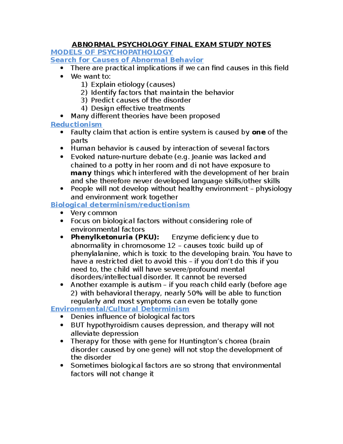 Abnormal psych final notes-1 - ABNORMAL PSYCHOLOGY FINAL EXAM STUDY ...