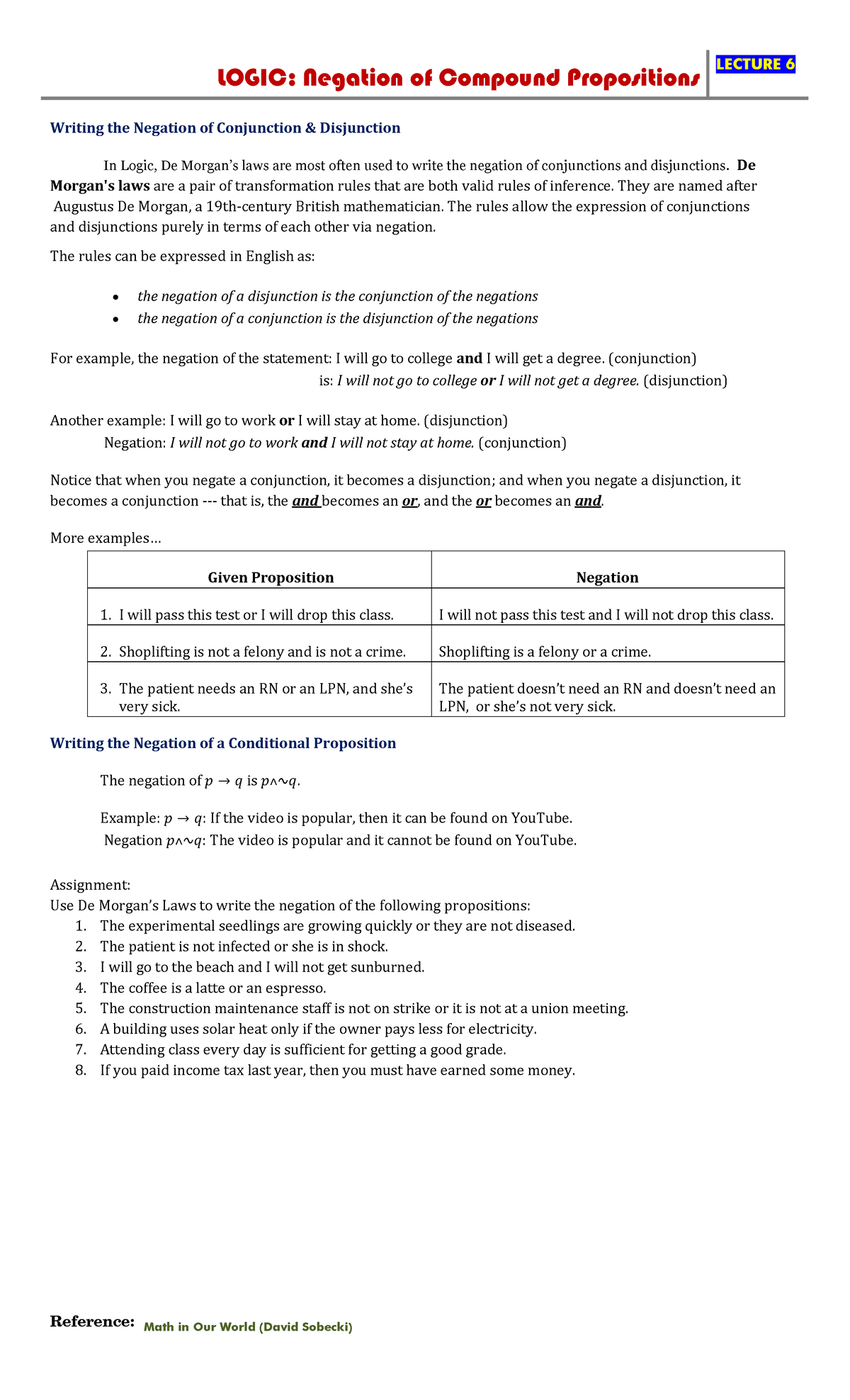 L6 Negation OF Compound Propositions - LOGIC: Negation of Compound ...