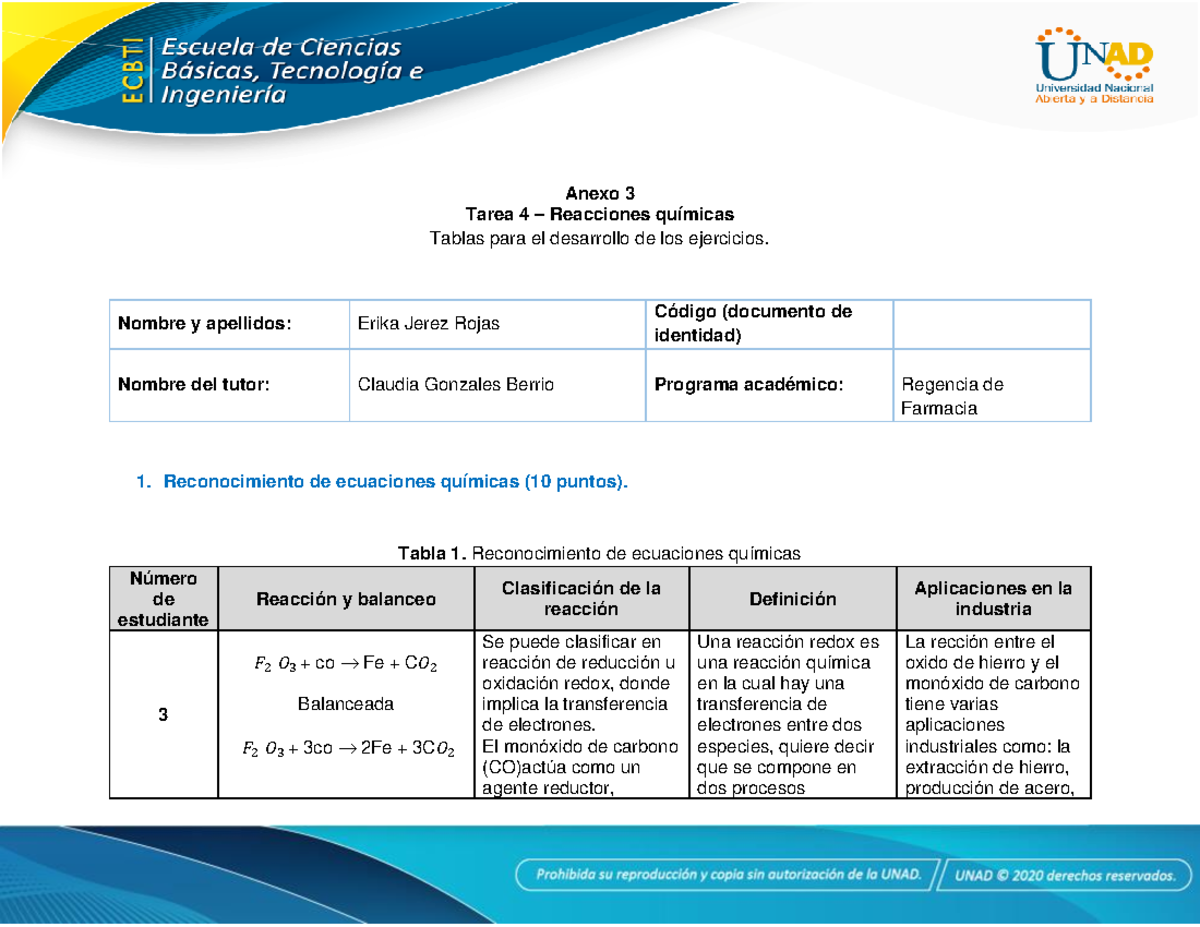 Tarea 4 -Reacciones quimicas - Anexo 3 Tarea 4 – Reacciones químicas Tablas para el desarrollo ...
