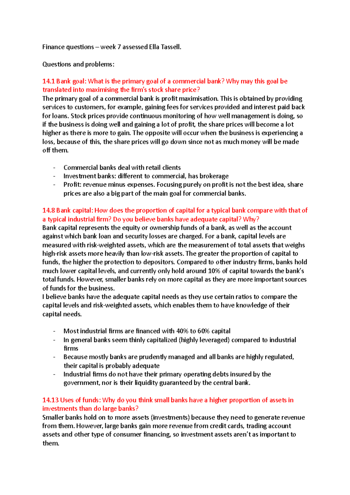 Finance questions week 7 Ella Tassell - FIN 111 - UOW - Studocu