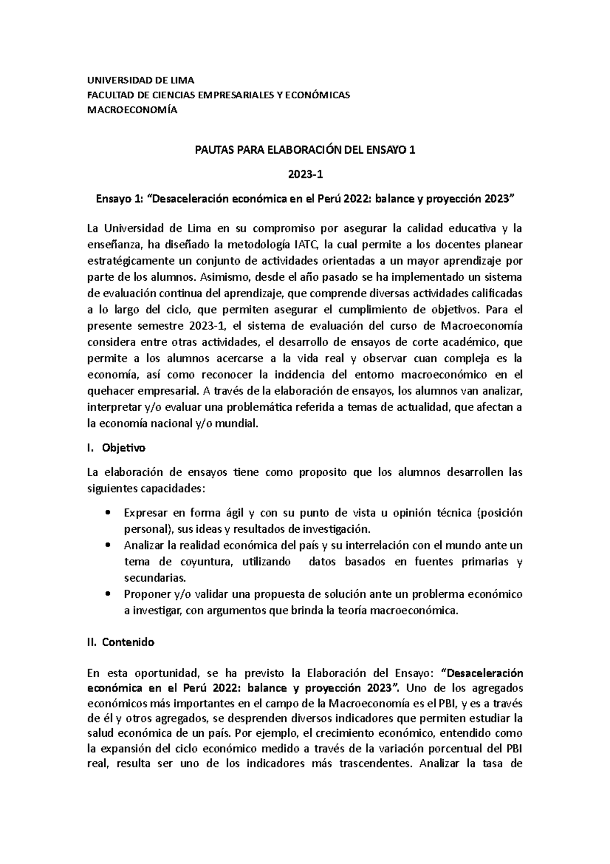 Pautas PARA LA Elaboración DE Ensayo 1 2023-1 - UNIVERSIDAD DE LIMA ...