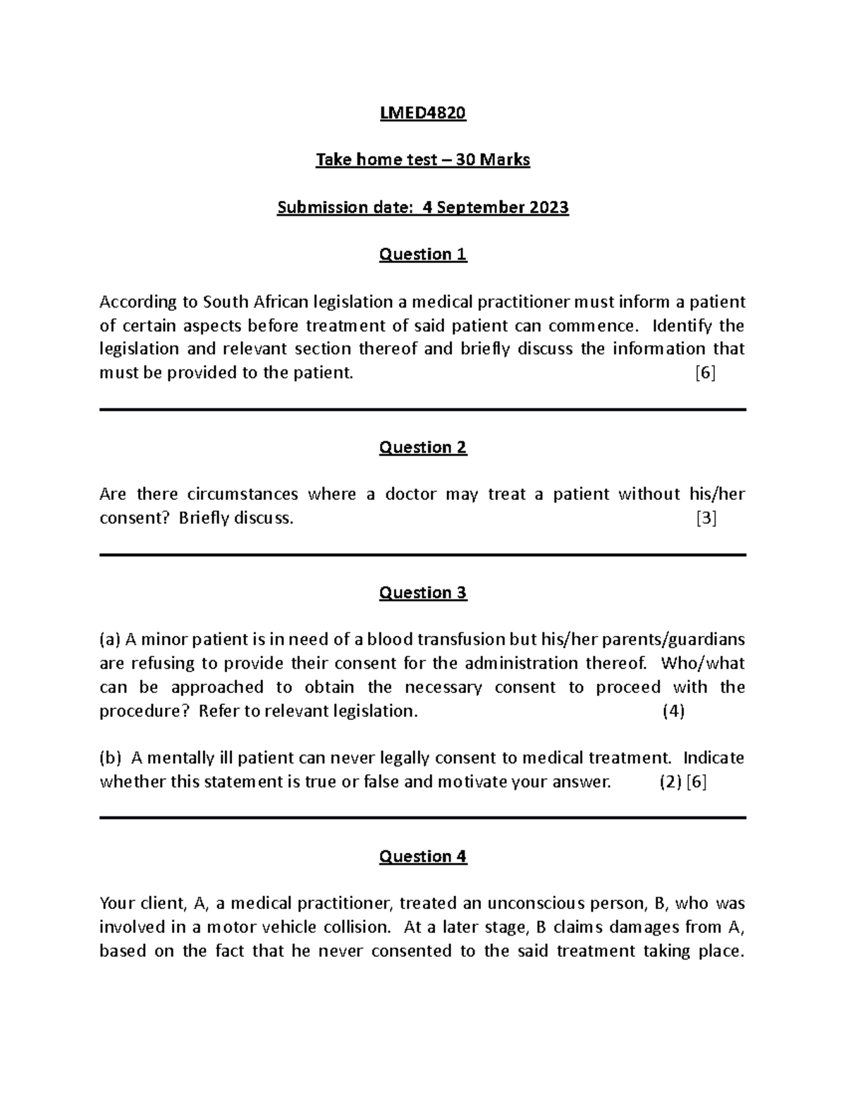 Take home test - 4 September 2023 - LMED Take home test – 30 Marks ...