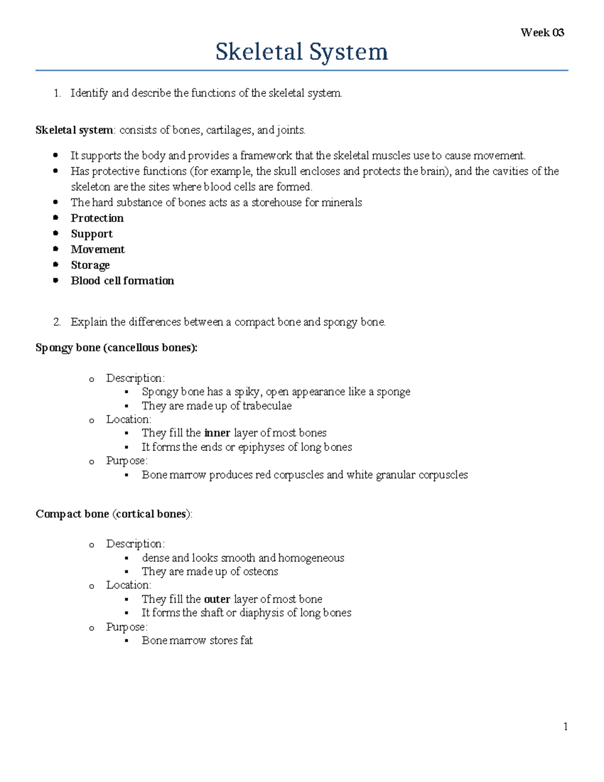 Week 3 ANAT 113 Skeletal System Incomplete - Skeletal System Identify ...