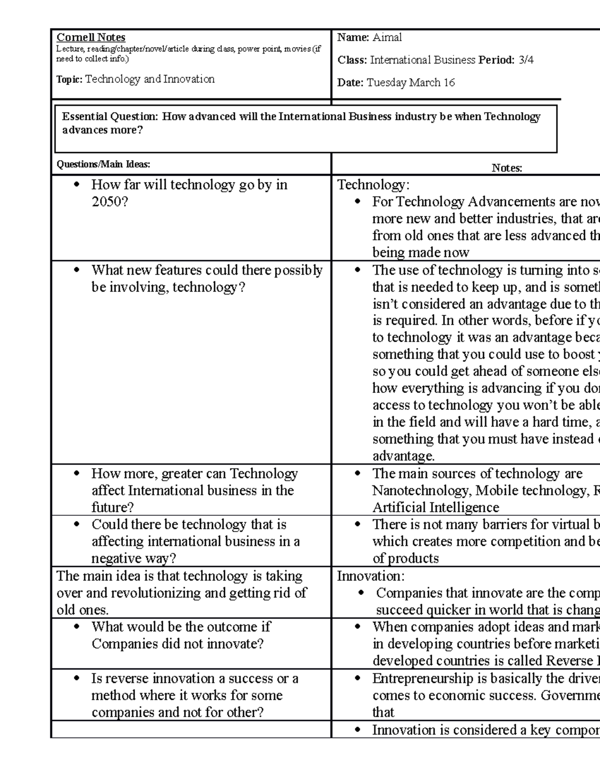 Cornell Assignment #2 2 - Cornell Notes Lecture, reading/chapter/novel ...