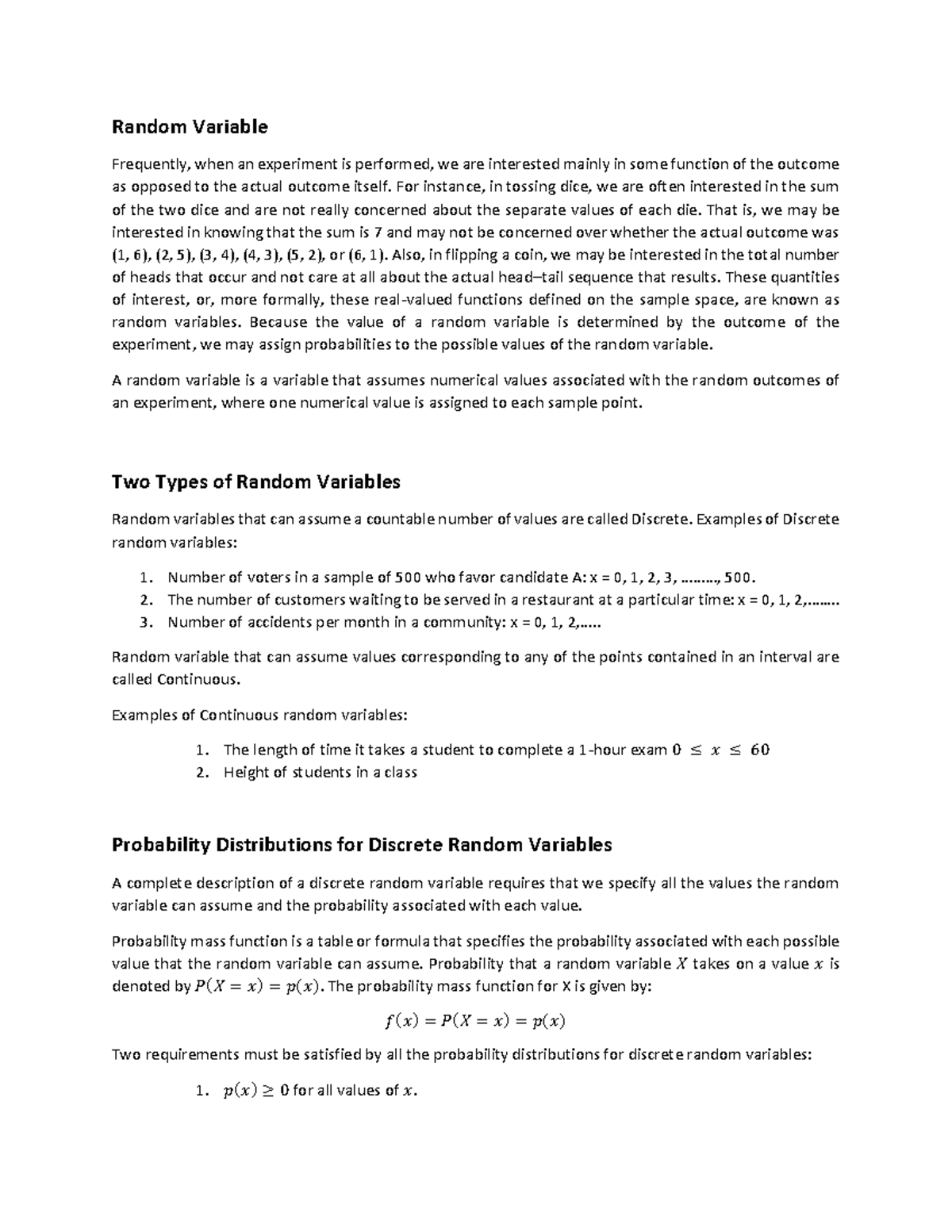 Notes on Random Variables - Random Variable Frequently, when an ...
