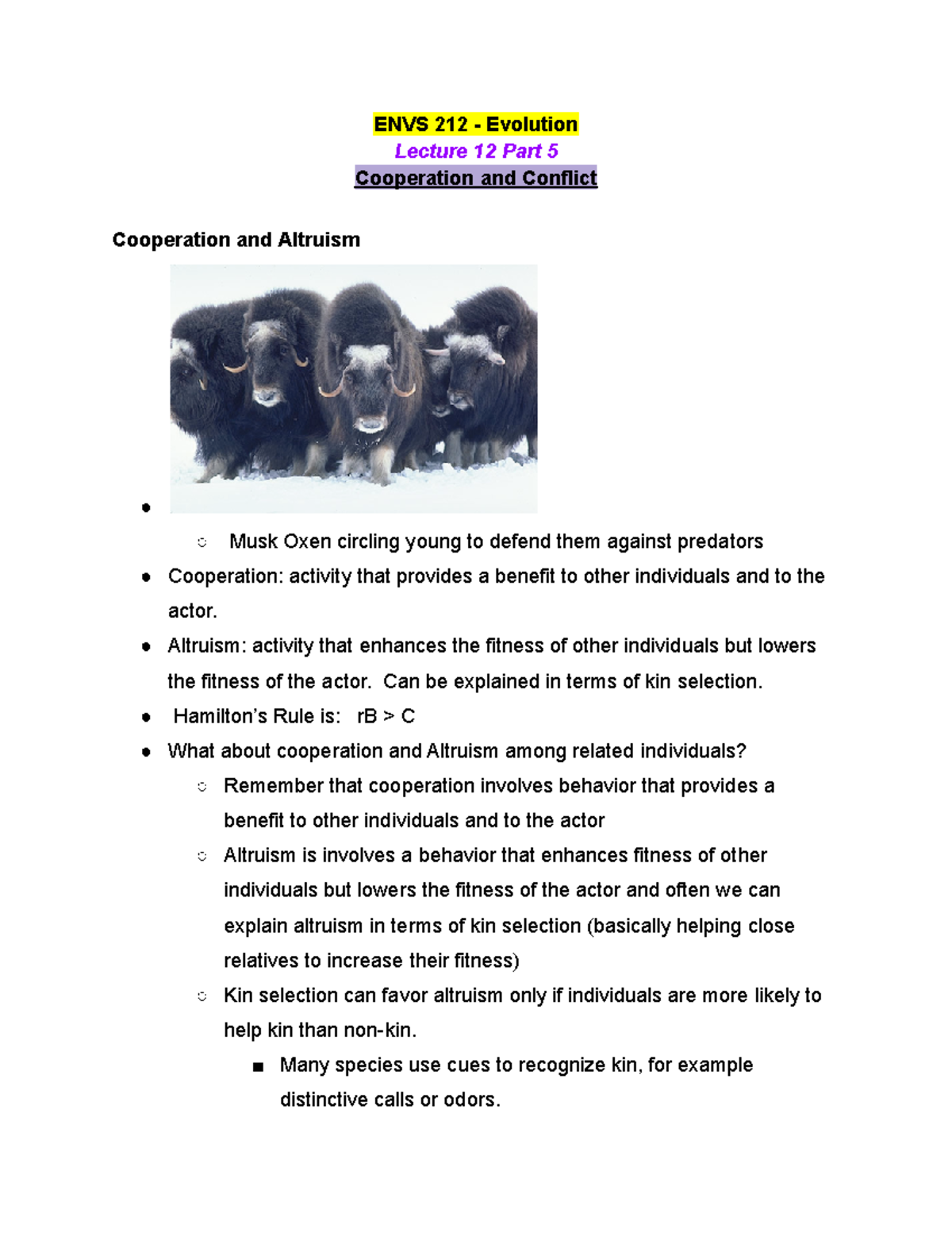 ENVS 212 Lecture 12 Part 5 - Spring 2020 - ENVS 212 - Evolution Lecture 12 Part 5 Cooperation ...