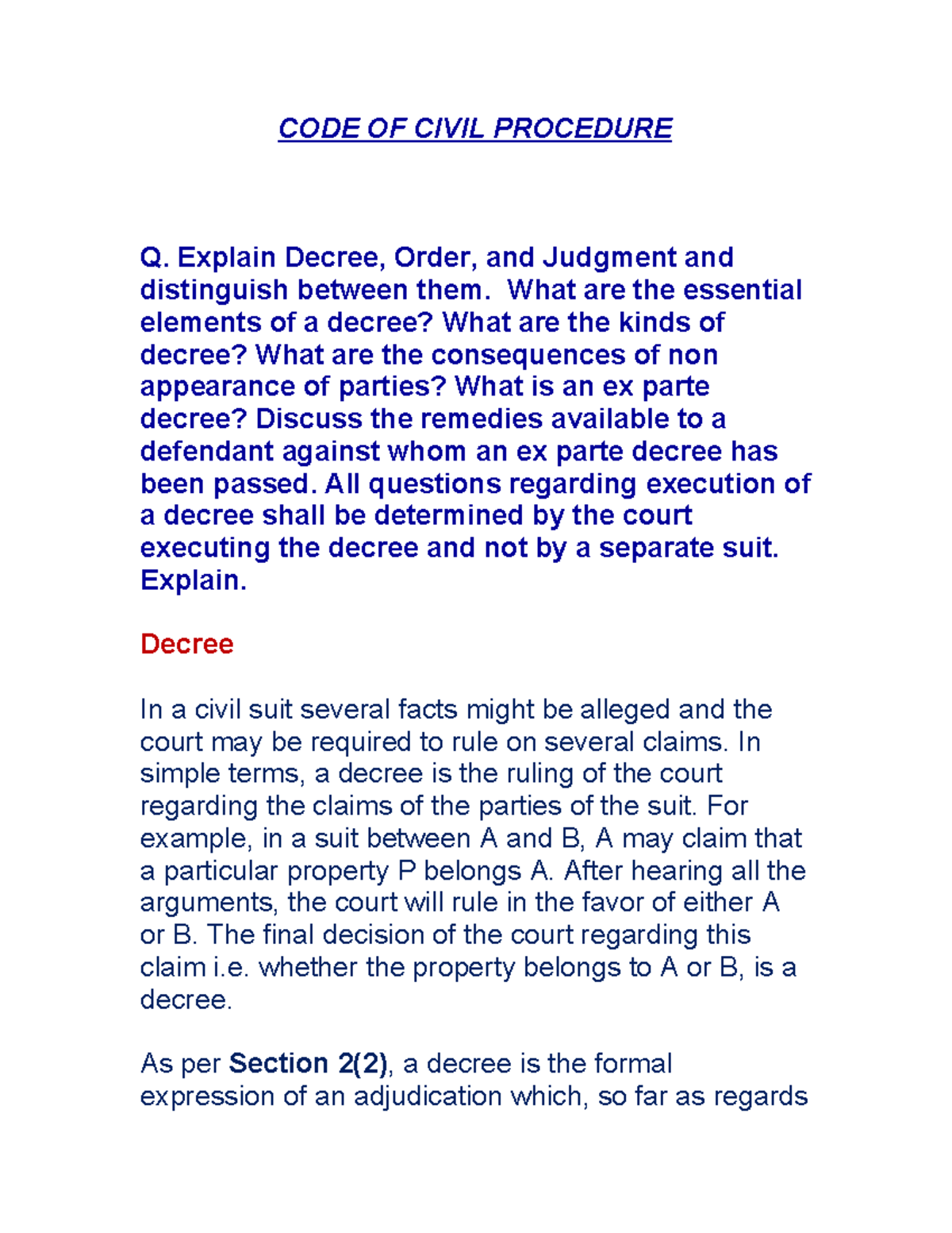 CPC Brief Notess - CODE OF CIVIL PROCEDURE Q. Explain Decree, Order ...