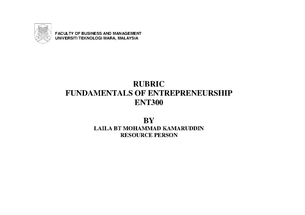 Ent300 Rubrics Aaasasas Universiti Teknologi Mara Malaysia Rubric