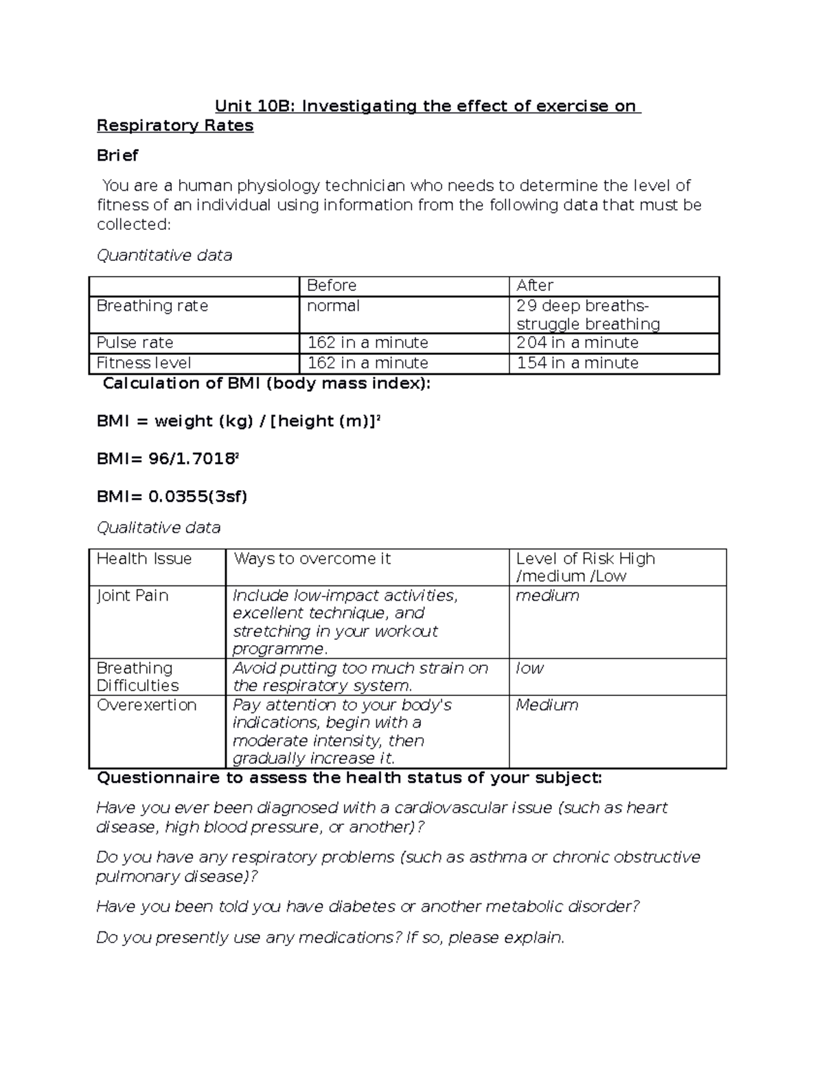 Investigating the effect of exercise on Respiratory Rates - Unit 10B ...