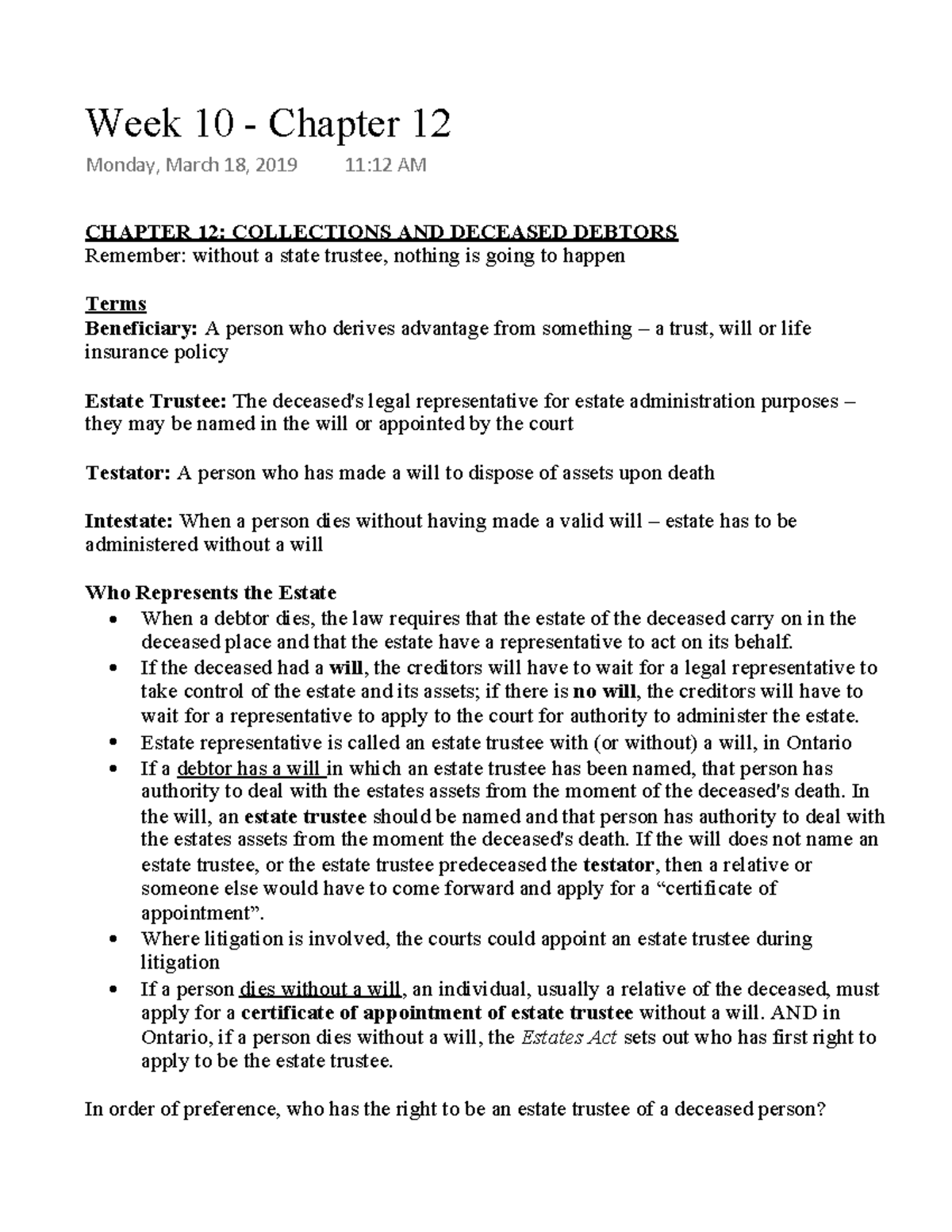 Week 10 - Chapter 12 - Lecture notes - Week 10 - Chapter 12 Monday ...