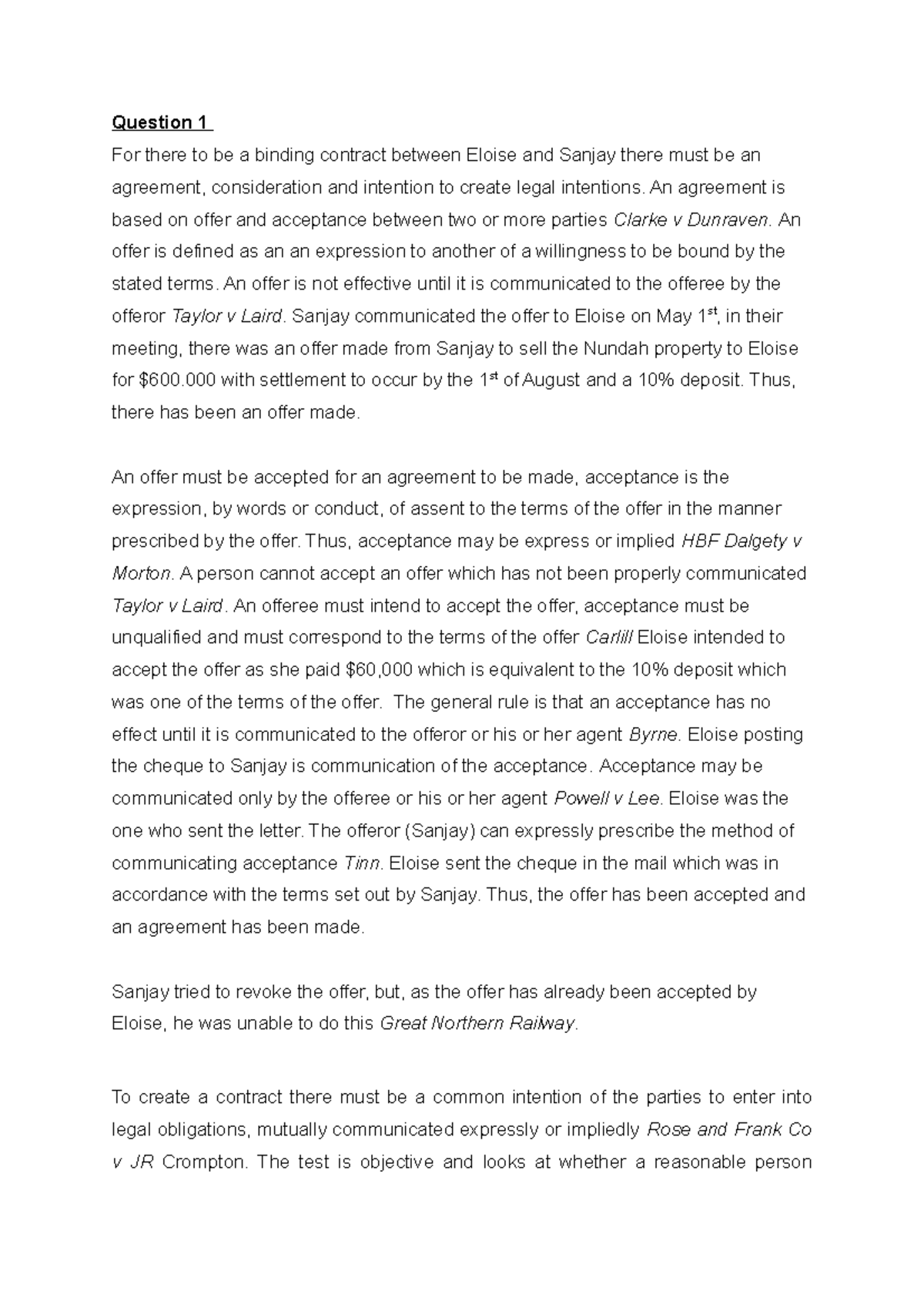 2021 cONTRACT lAW exams - Question 1 For there to be a binding contract ...