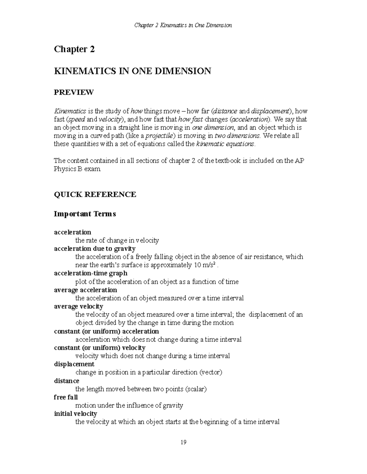 Kinematics- Physics for college students - Chapter 2 KINEMATICS IN ONE ...