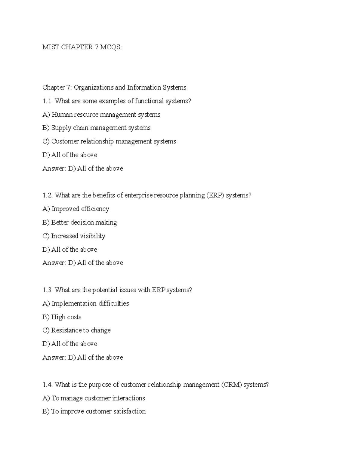 MIST Chapter 7 MCQS - MIST CHAPTER 7 MCQS: Chapter 7: Organizations and ...