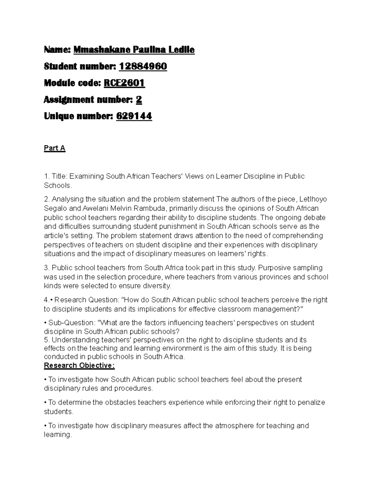 RCE2601 Assignment 2 12884960 - Name: Mmashakane Paulina Ledile Student ...