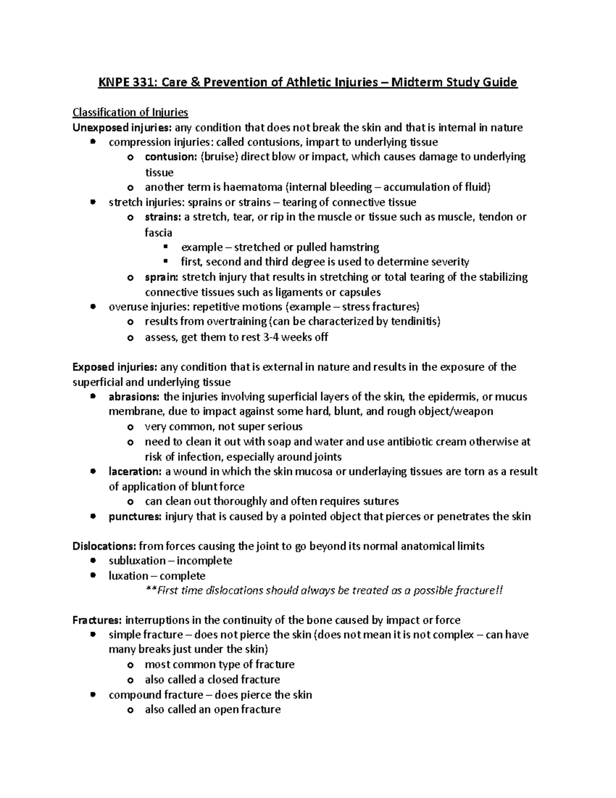 KNPE 331 Midterm Notes - KNPE 331: Care & Prevention of Athletic ...