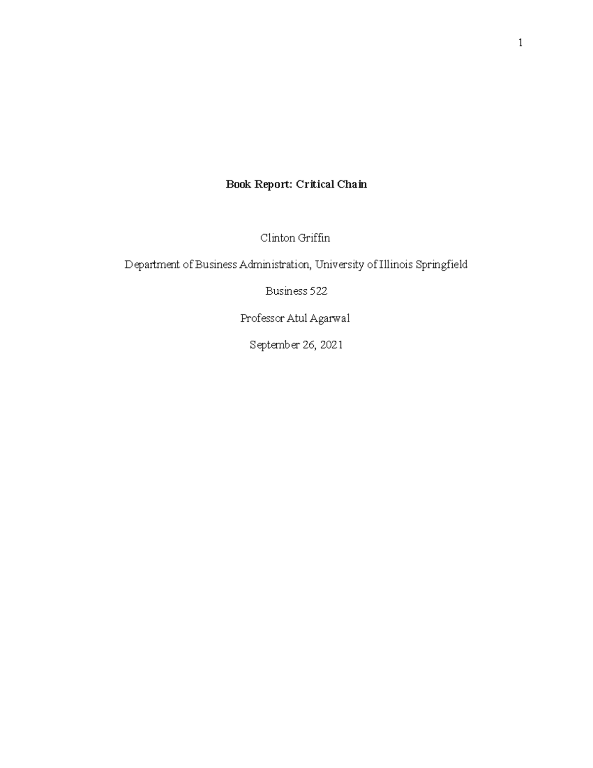 Book Report Assignment Fall - Book Report: Critical Chain Clinton ...