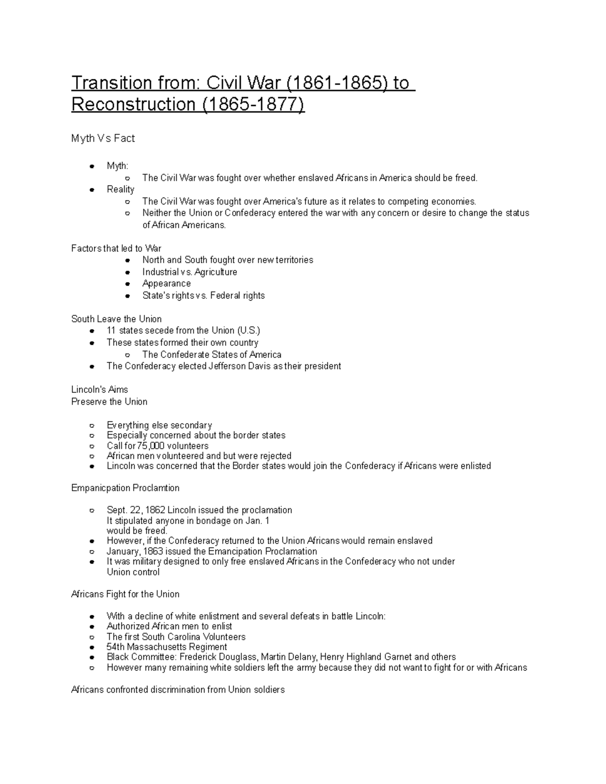 Civil War- Reconstruction - Transition from: Civil War (1861-1865) to ...