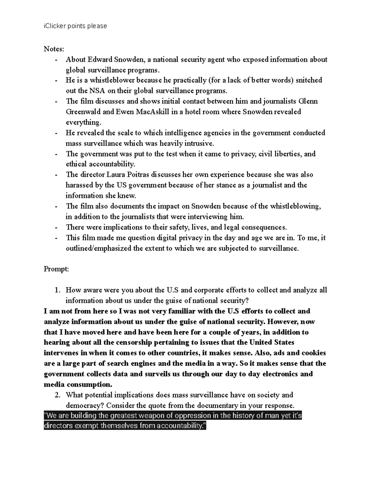 Citizenfour Notes - Summary Introductory Sociology - iClicker points ...