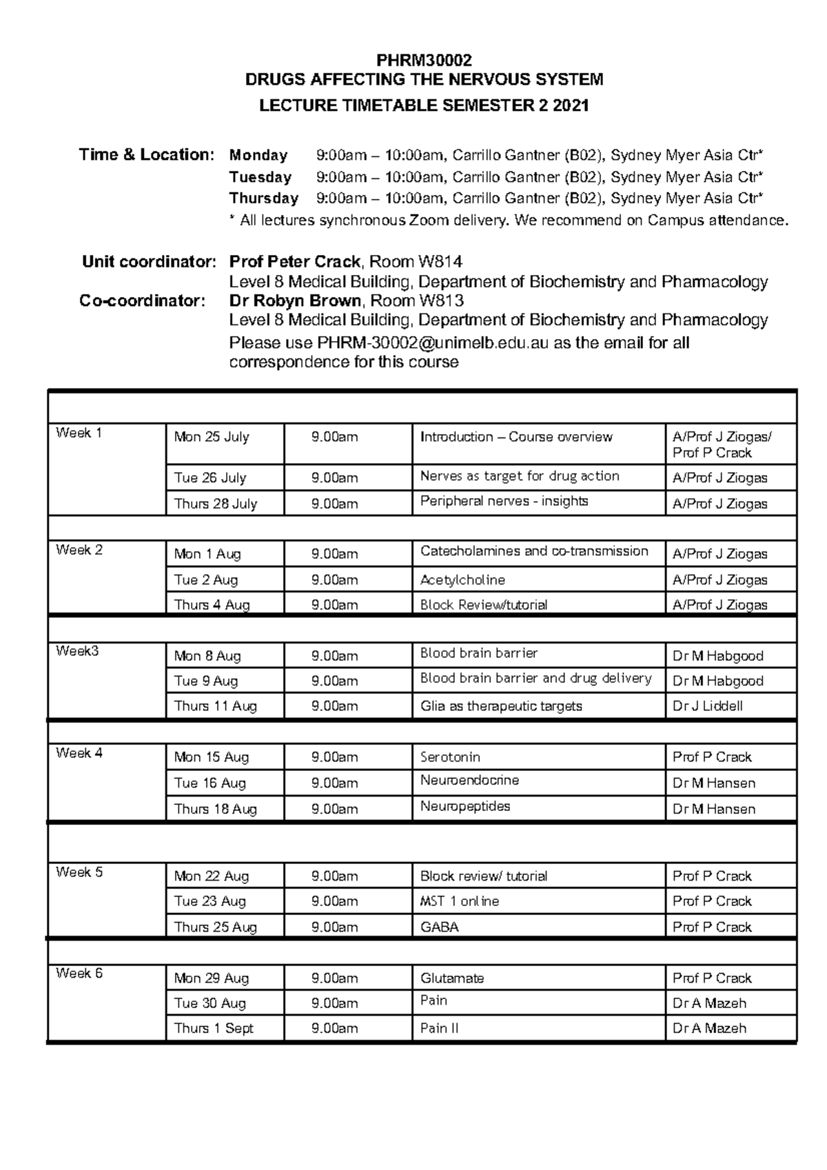 PHRM30002 Timetable 2022 Final - PHRM DRUGS AFFECTING THE NERVOUS ...