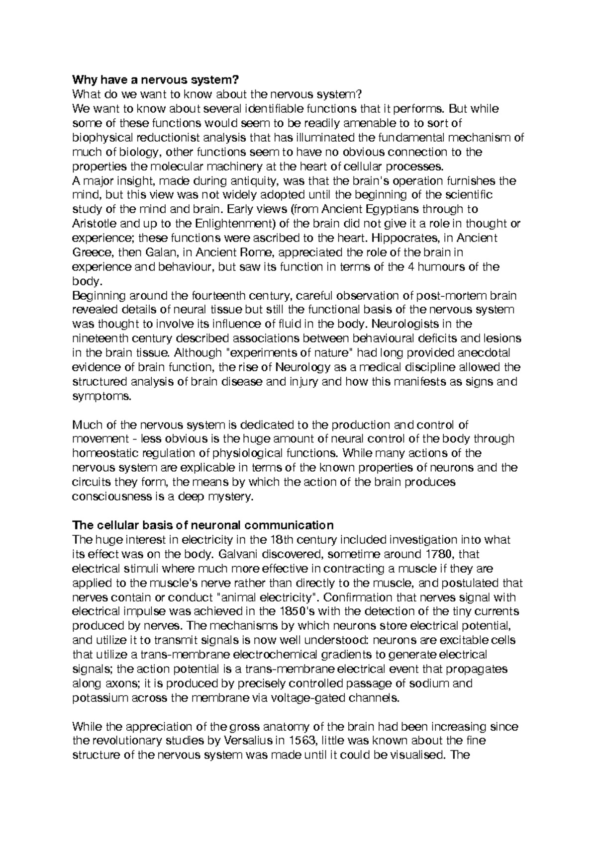 Neur30003 Lecture Summaries Why Have A Nervous System What Do We Want To Know About The