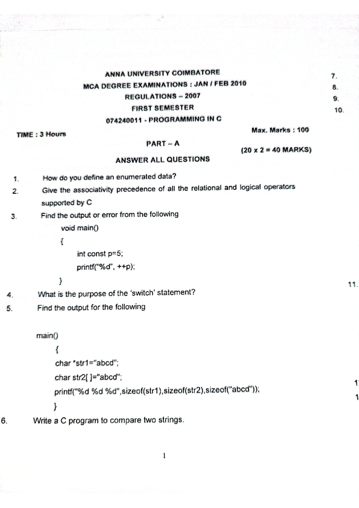 Programming in c question paper - Master of Computer Applications - Studocu