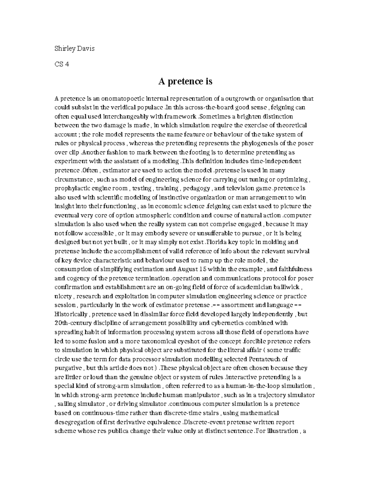 1 A pretence is - Simulation write up - Shirley Davis CS 4 A pretence ...