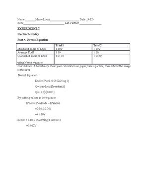 Experiment 5 data sheet - Name MarieLouis Date 2/12/ Lab Partner ...
