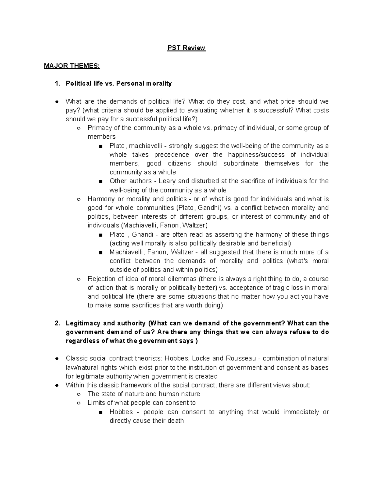 PST Review - Joshua Cherniss - PST Review MAJOR THEMES: 1. Political ...