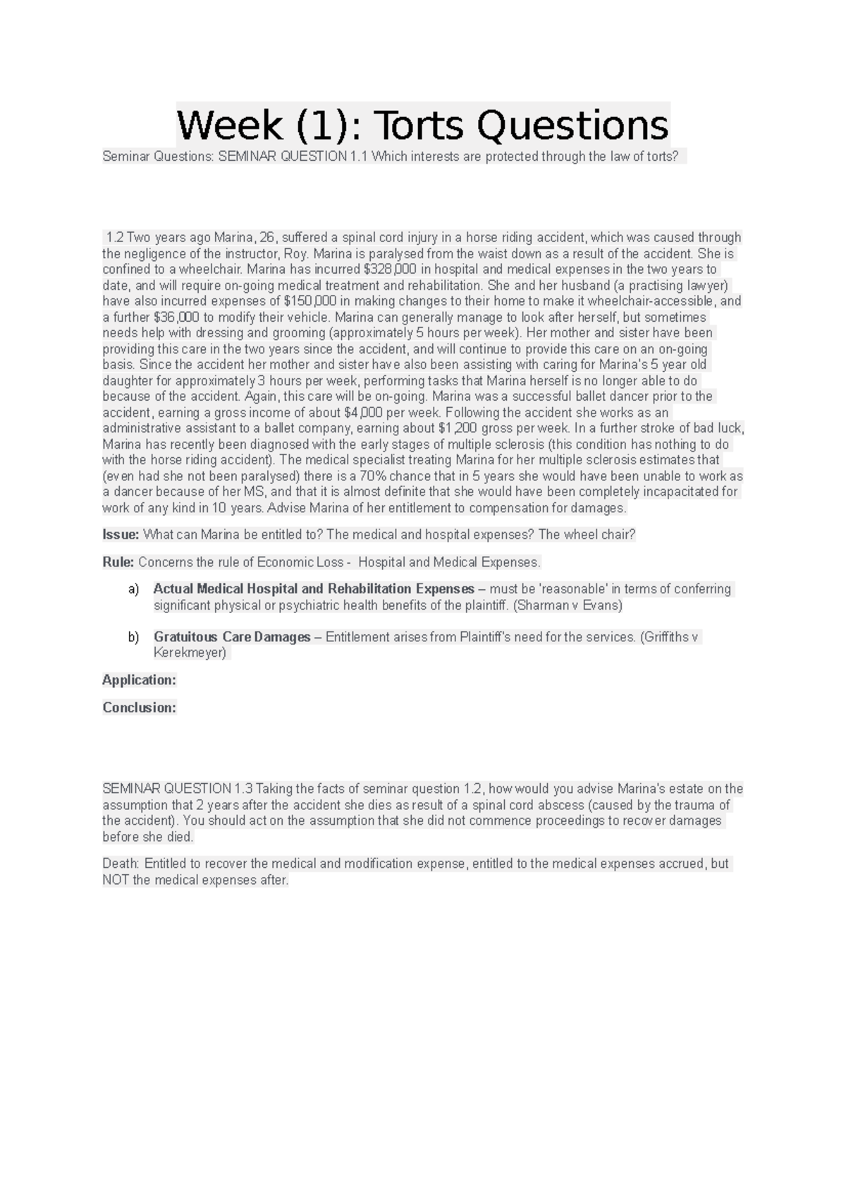 MLL213 - Torts Law Seminars - Week (1): Torts Questions Seminar ...