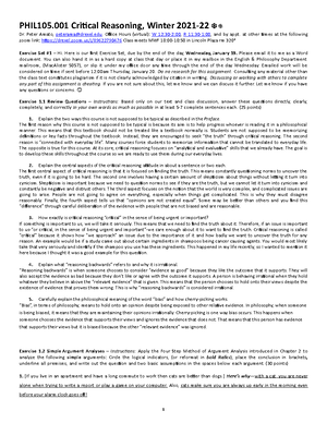 Phil 105 Week 1 Notes - Week 1 What is reasoning? - Reason is related ...