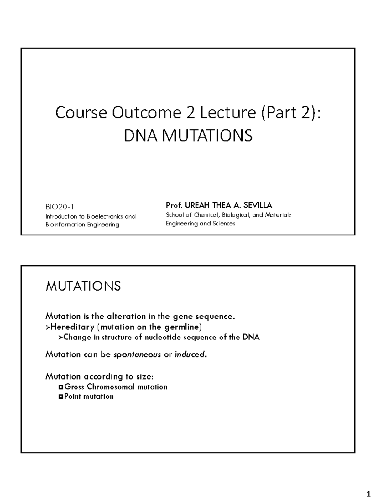 Bio Engineering Lecture Notes Course Outcome 2 Lecture Part 2 Dna Mutations Prof Ureah